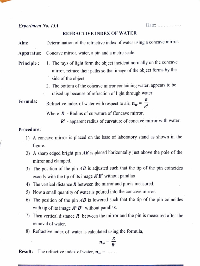 Experiment 7 Refractive Index of Water Using Concave Mirror | PDF