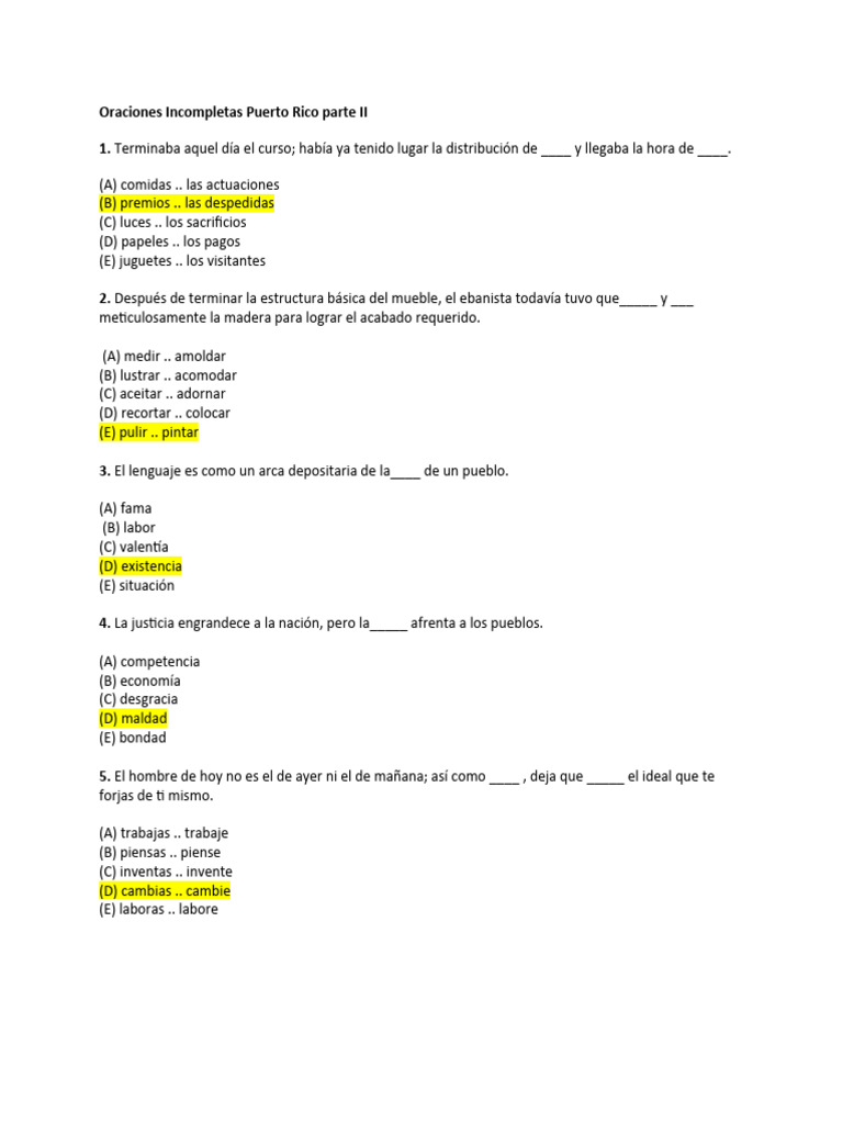 Home Made Test 9, With Answers, Based On Puerto Rico Parte II and No ...