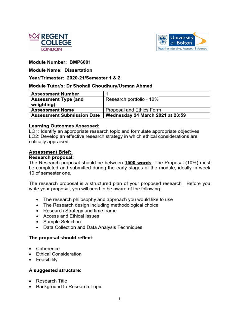 BMP6001 Dissertation-Assessment 1 Brief-Research Proposal | PDF