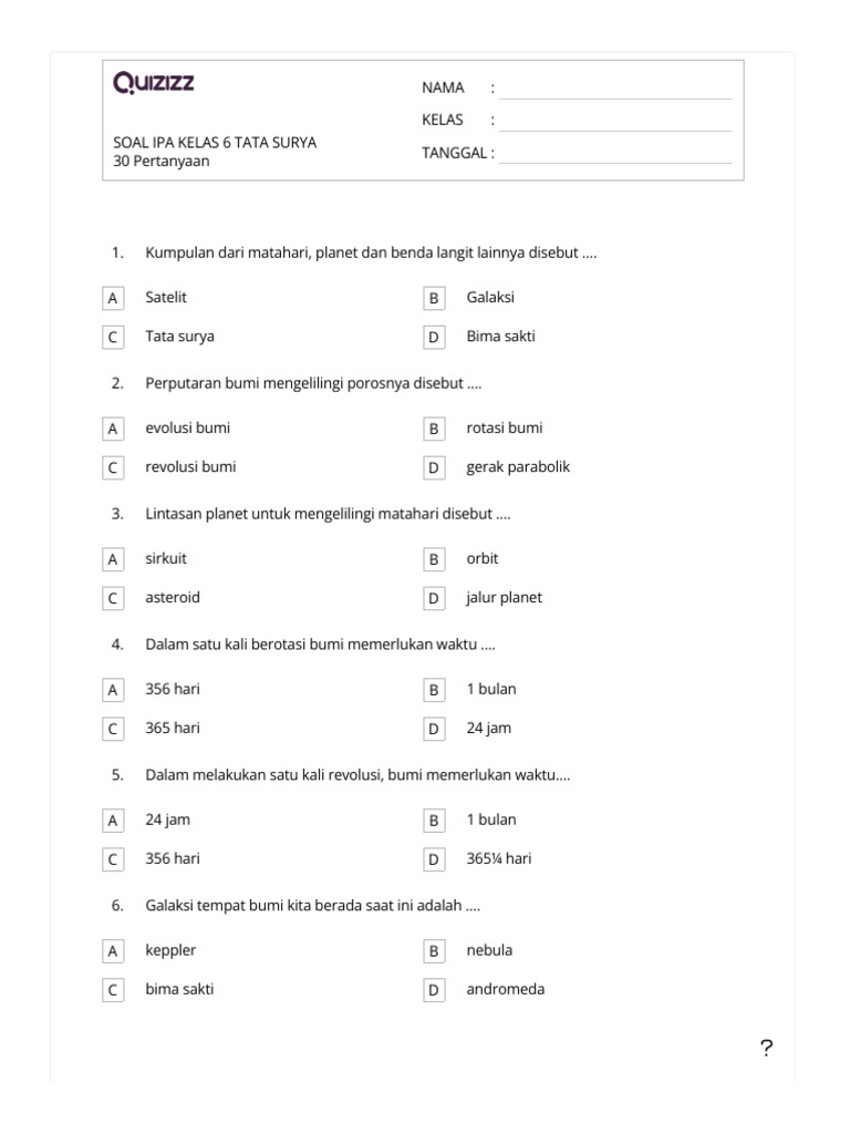 SOAL IPA KELAS 6 TATA SURYA Kunci Jawaban | PDF