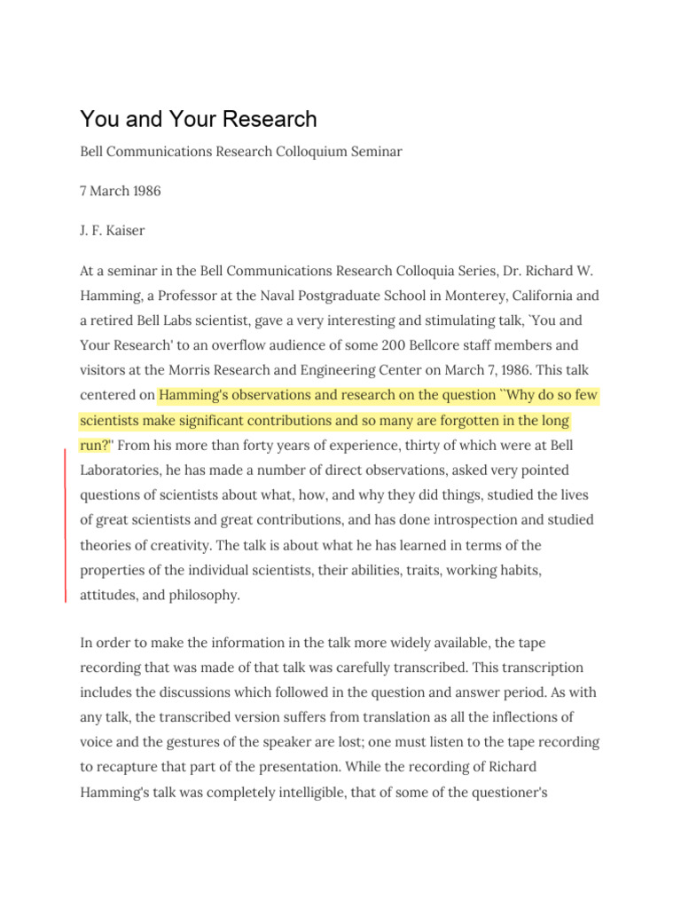 You and Your Research - Richard Hamming - 1986 | PDF
