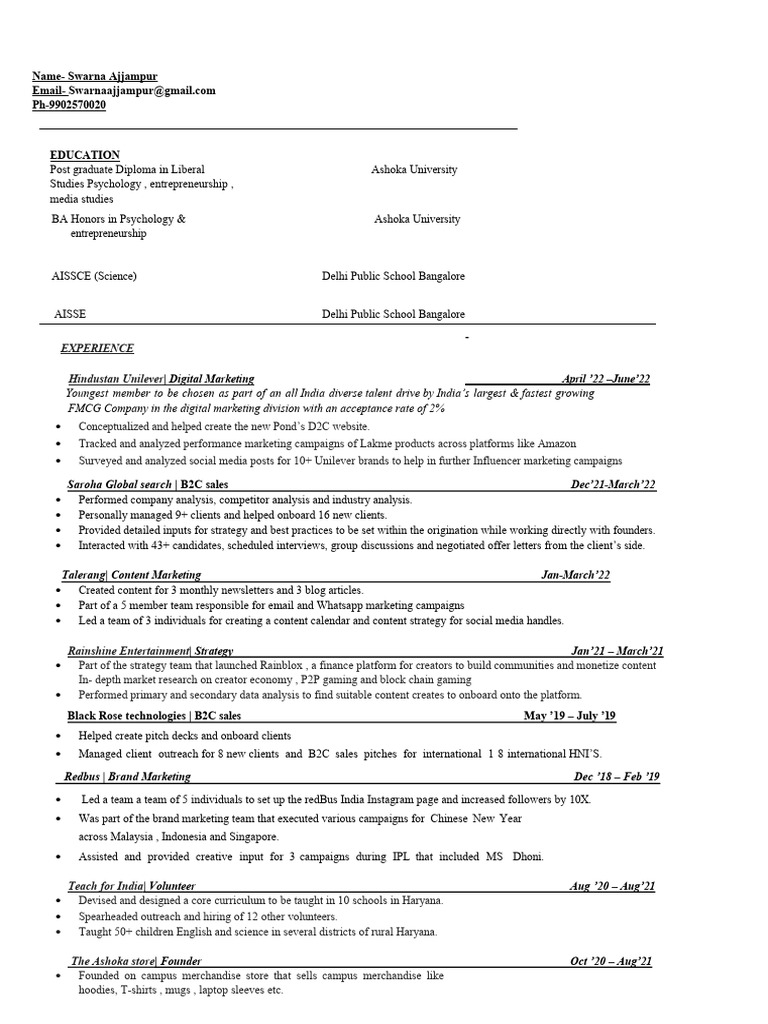 Swarna - Ajjampur - CV - 2023 - Final - HUL - Internship - Swarna ...