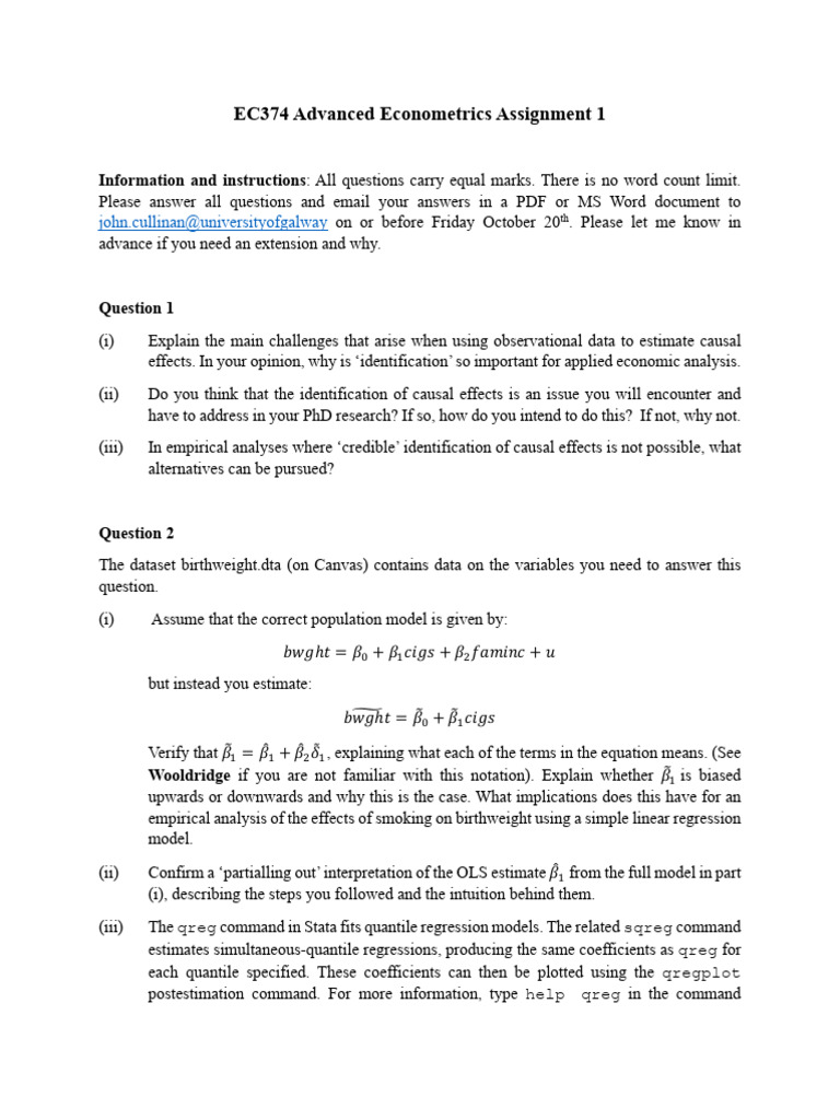 EC374 Advanced Econometrics Assignment 1 | PDF | Regression Analysis | Econometrics