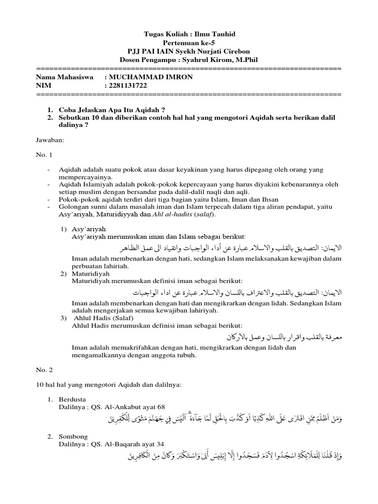 MUCHAMMAD IMRON - Tugas Ilmu Tauhid - Hal Hal Yang Mengotori Aqidah | PDF MUCHAMMAD IMRON - Tugas Ilmu Tauhid - Hal Hal Yang Mengotori Aqidah | PDF