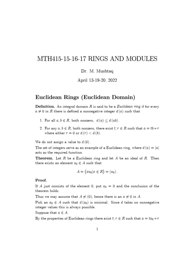 MTH415RM Lect-15!16!17 Euclidean Rings | PDF | Ring (Mathematics ...