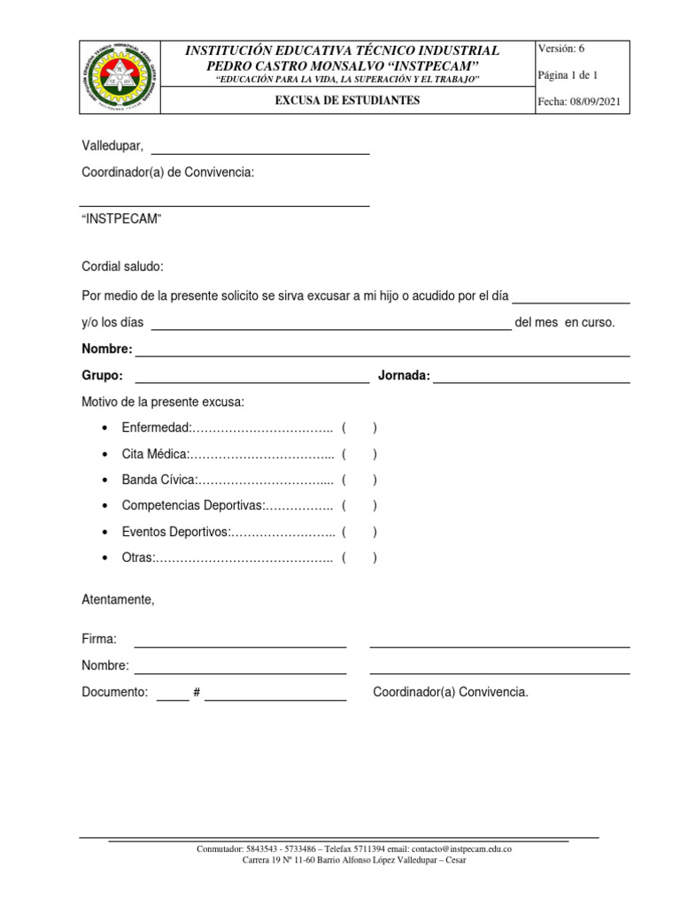 Formato Excusa de Estudiantes v6-2021 X Imprimir | PDF