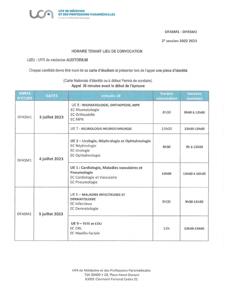 Convocation Examens 2e Session 2023 DFASM1 - DFASM2 | PDF