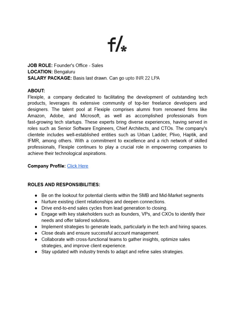 Flexiple - Founder's Office - Sales | PDF | Startup Company | Small ... Flexiple - Founder's Office - Sales | PDF | Startup Company | Small ...