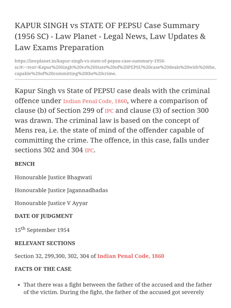 Kapur Singh Vs State of Pepsu Case Summary (1956 S+ | PDF | Mens Rea ...