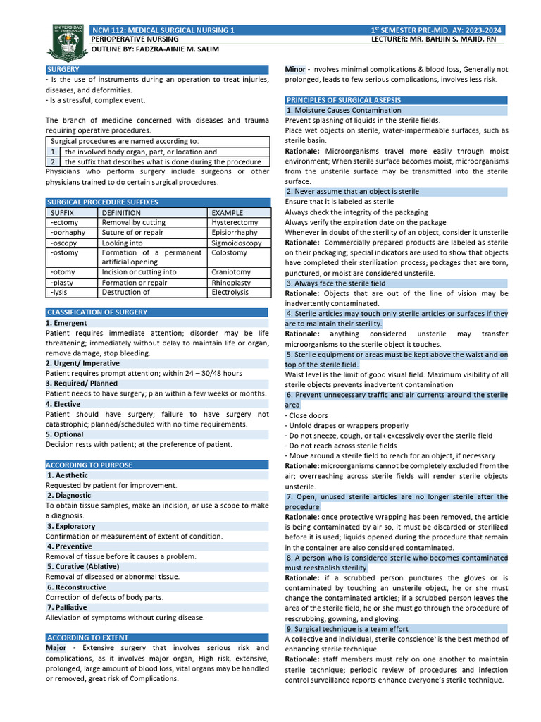 NCM 112 Perioperative Nursing | PDF | Surgery | Anesthesia