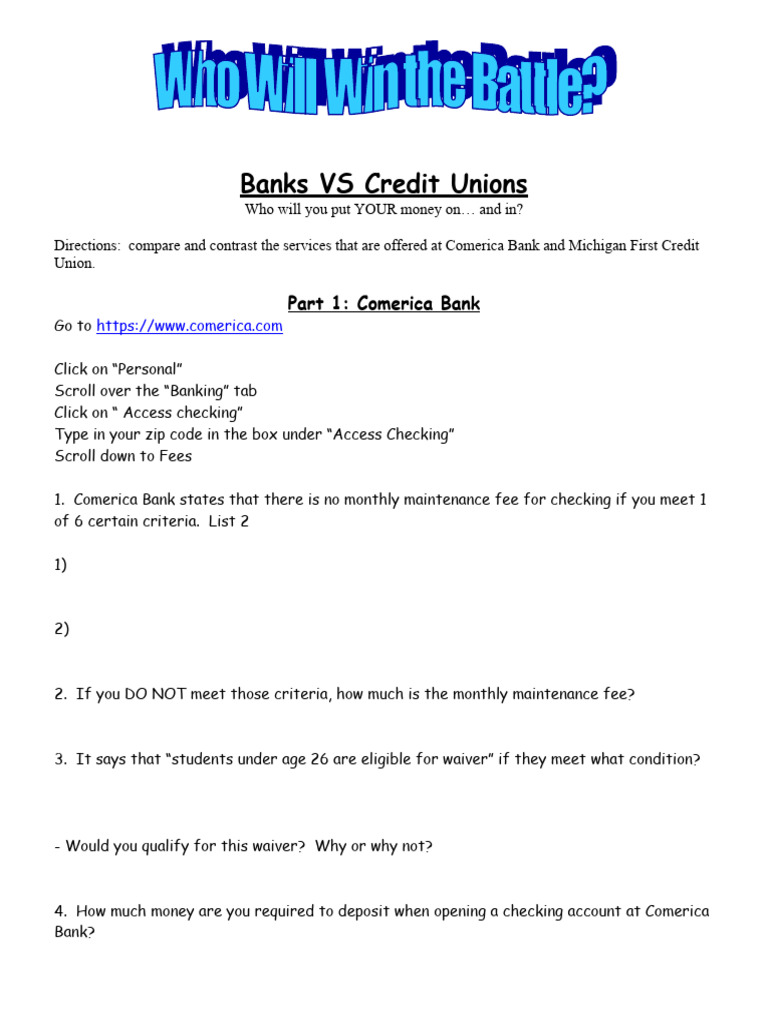 CreditUnionVsBankWebquest 1 | PDF | Loans | Interest