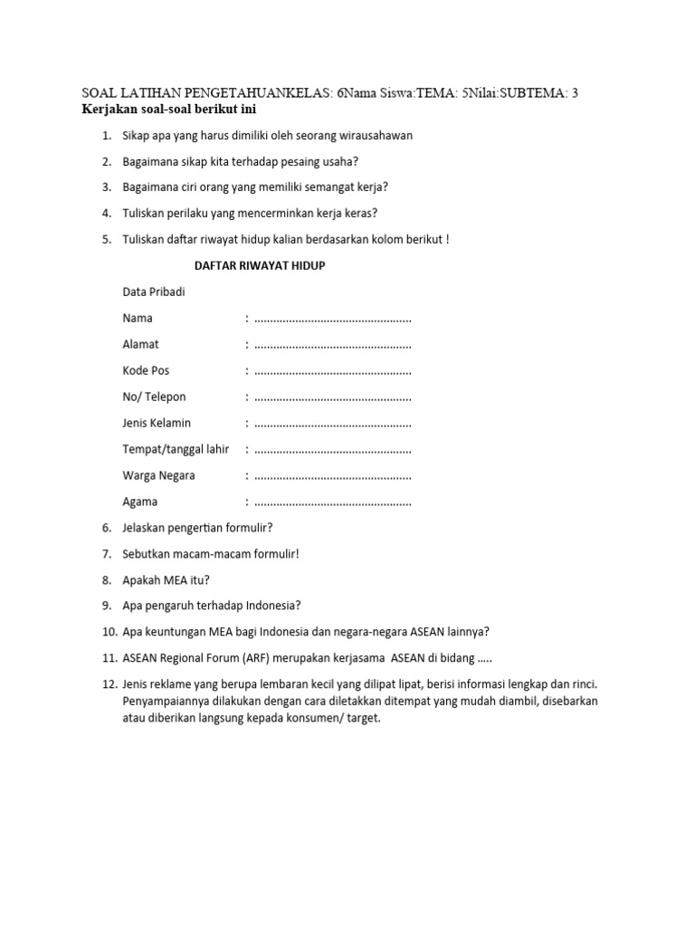 Soal Latihan Pengetahuan Tema 5 Sub 3 | PDF