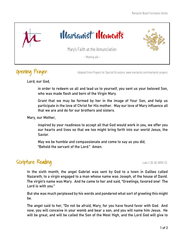 Marianist Moments Marys Faith at The Annunciation Meeting Aid | PDF ...