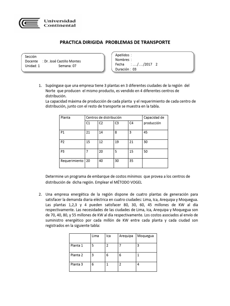 Semana 7 Practica Dirigida Problemas de Transporte | PDF
