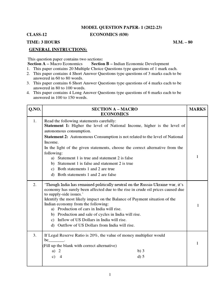 Class 12 Economics Model Question Paper | PDF | Reserve Bank Of India ...