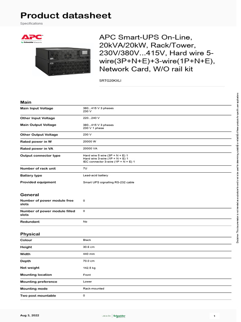 APC Smart-UPS SRTG20KXLI Datasheet | PDF | Mains Electricity | Electric Power