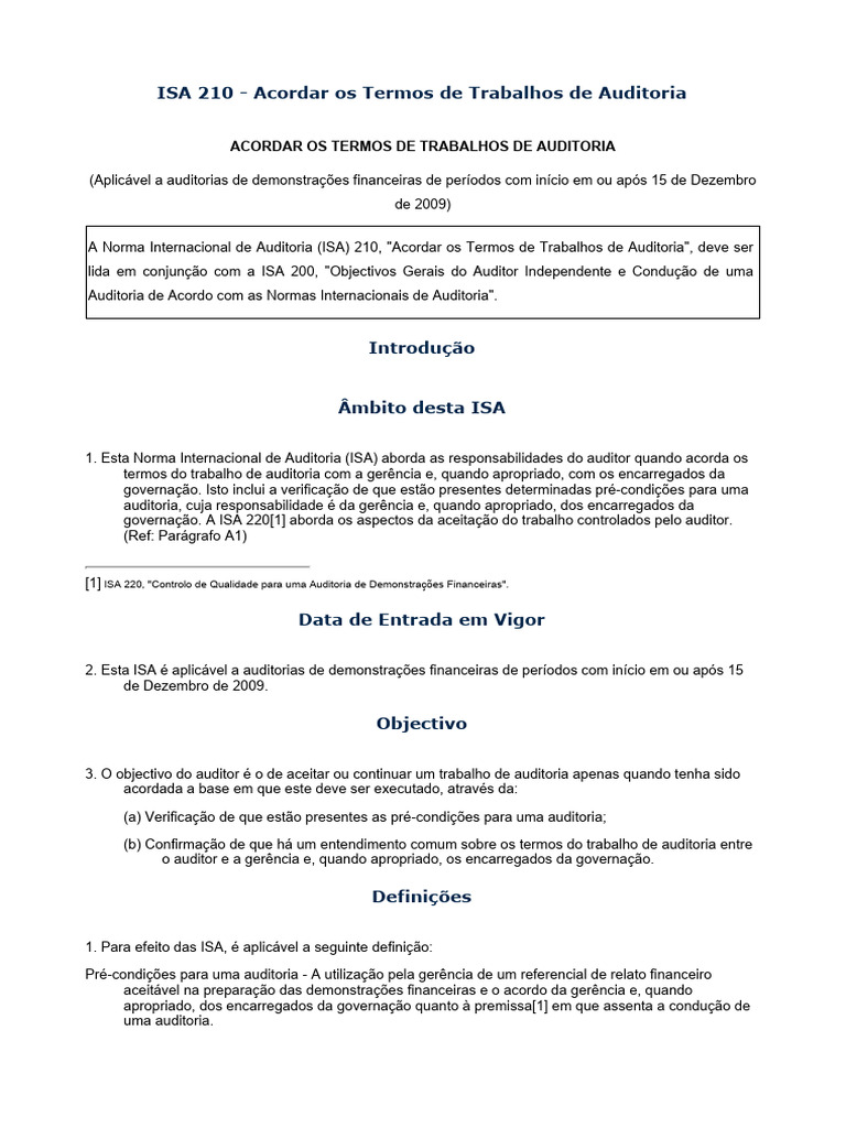 ISA 210 - Acordar Os Termos de Trabalhos de Auditoria | PDF ...