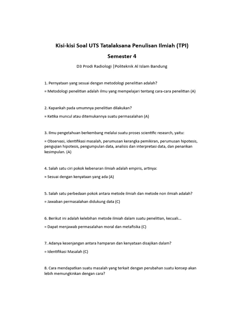 Kisi-kisi UTS Tatalaksana Penulisan Ilmiah | PDF