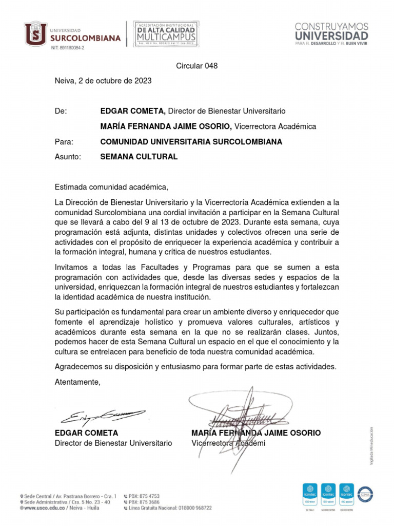 Circular 048 Semana Cultural-1 | PDF