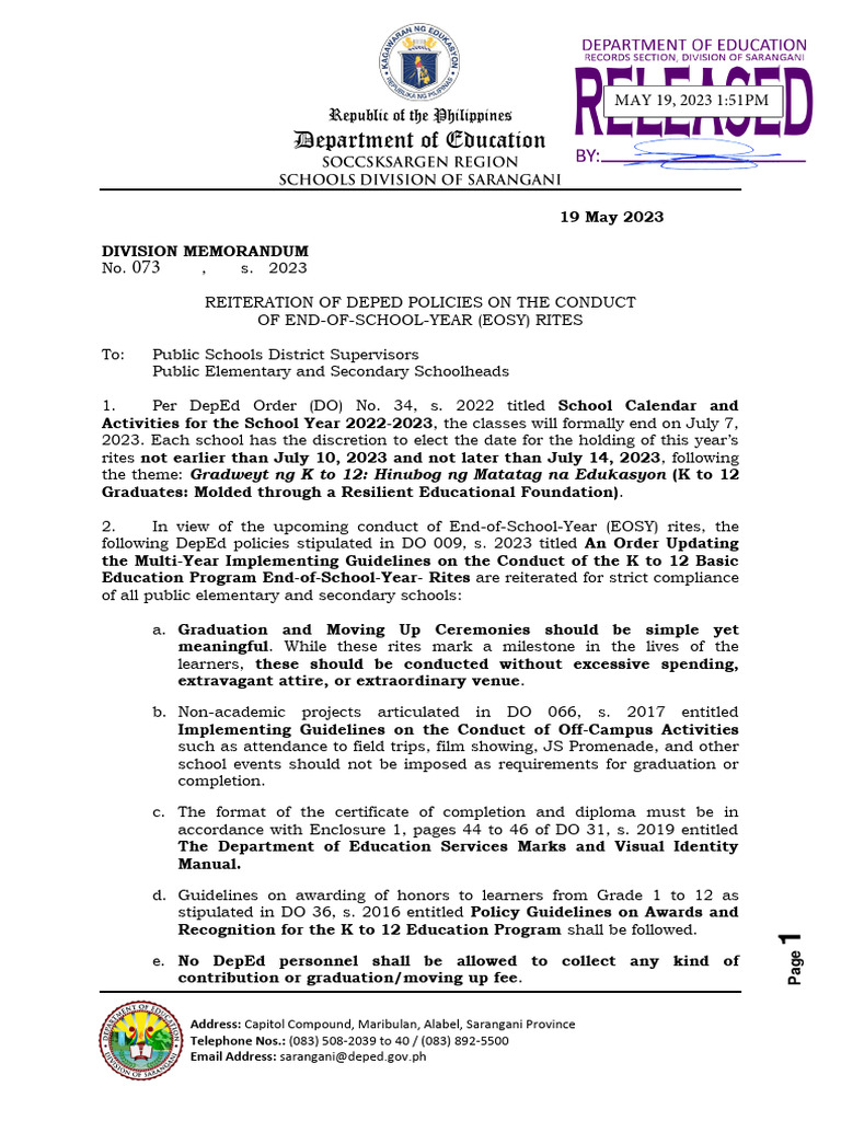 DM 2023 073 Reiteration of The Policies On The Conduct of Eosy Rites | PDF