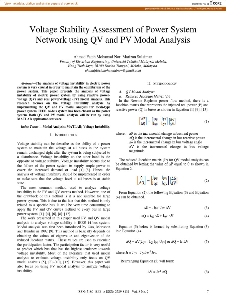 Voltage Stability Assessment of Power System Network Using QV and PV Modal Analysis | PDF ...