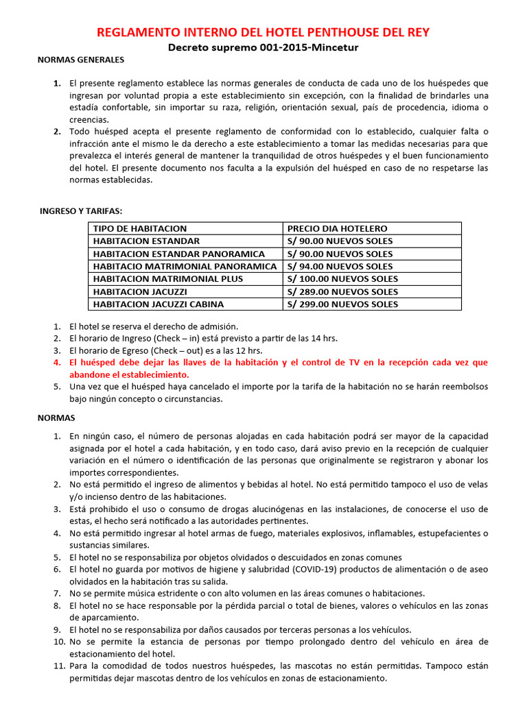 Reglamento Interno Del Hotel Penthouse Del Rey | PDF | Hotel