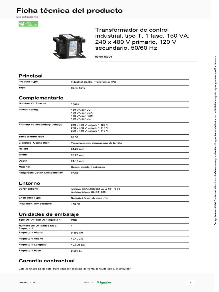 Schneider Electric - Transformadores-De-Control-Industrial - 9070T150D1 ...