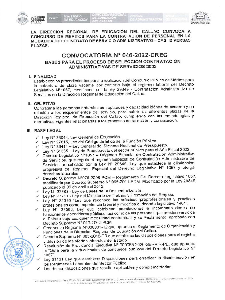 Convocatoria N 046 2022 Drec Plazas Cas Sede Drec | PDF