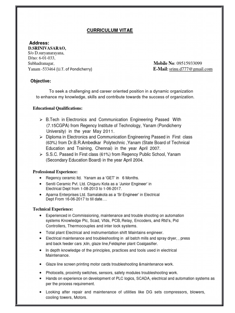 Dsrao Resume | PDF | Programmable Logic Controller | Electrical Engineering