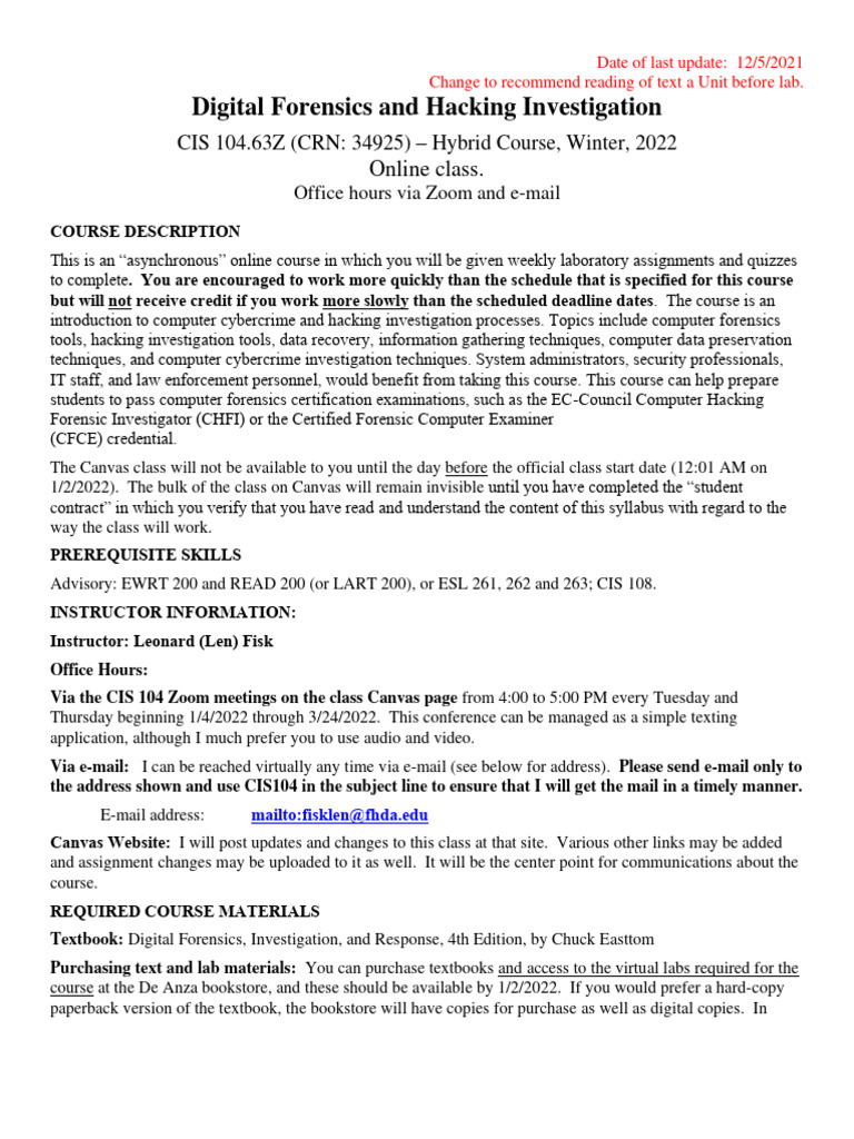 Digital Forensics and Hacking Investigation: CIS 104.63Z (CRN: 34925) - Hybrid Course, Winter ...