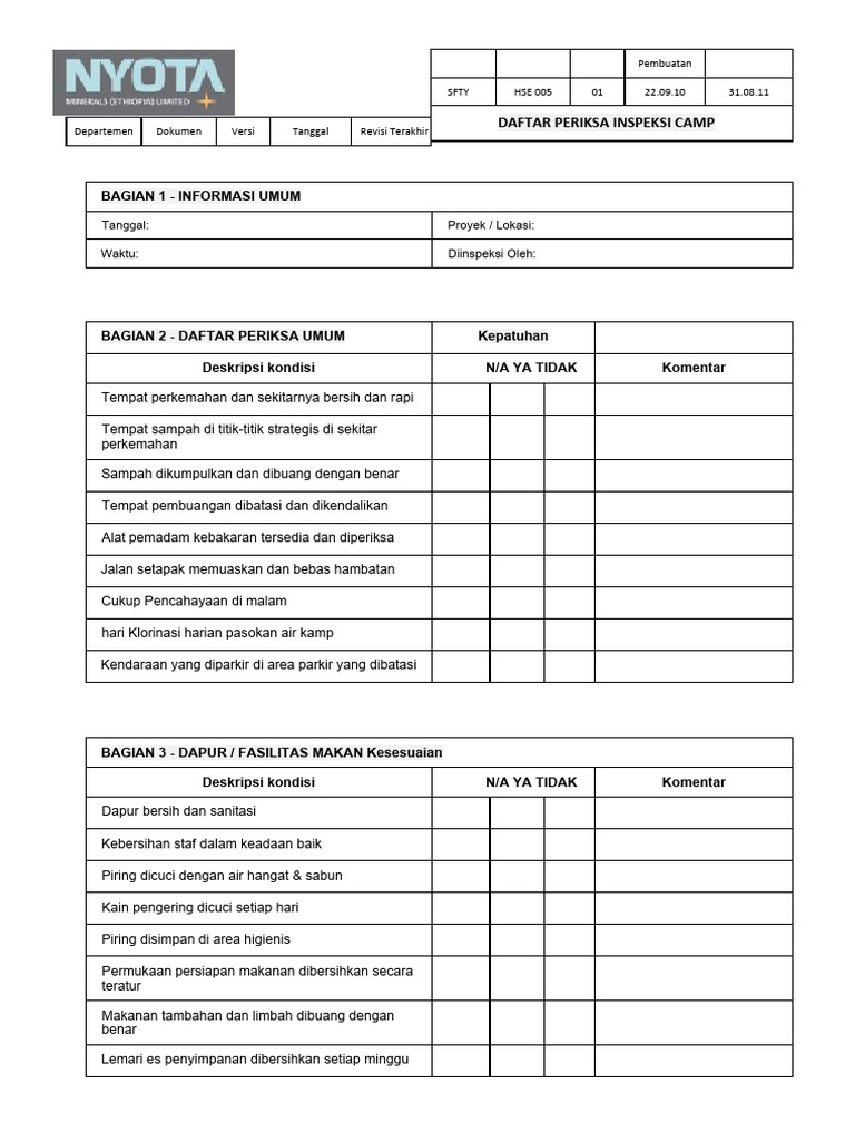 Translated Copy of Pdfcoffee - Com - Sample-Camp-Inspection-Checklist ...