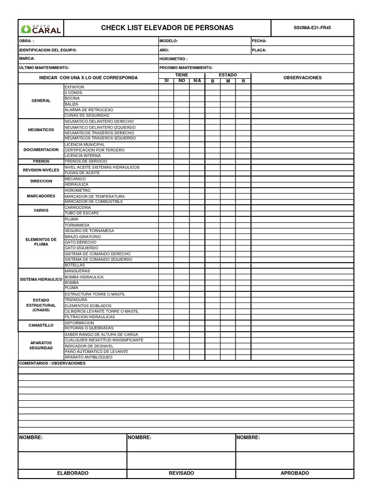 Checklist de Mantenimiento Elevador | PDF | Fabricantes de automóviles ...