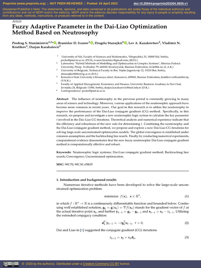 Fuzzy Adaptive Parameter in The Dai-Liao Optimization Method Based On Neutrosophy | PDF