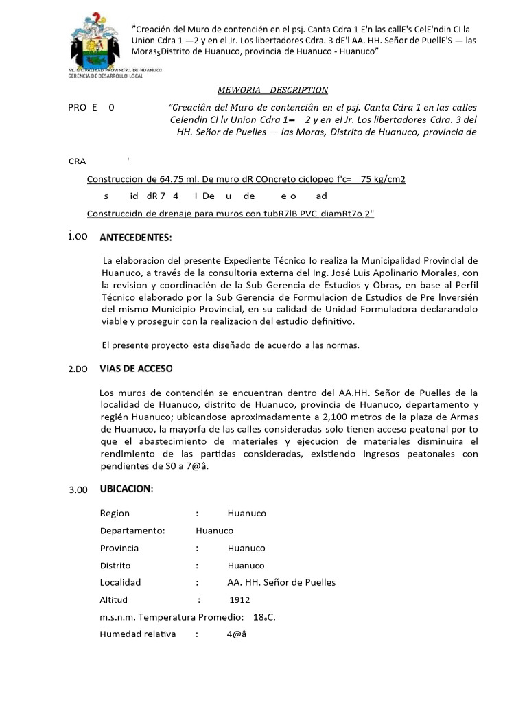 PDF Memoria Descriptiva Muro | PDF