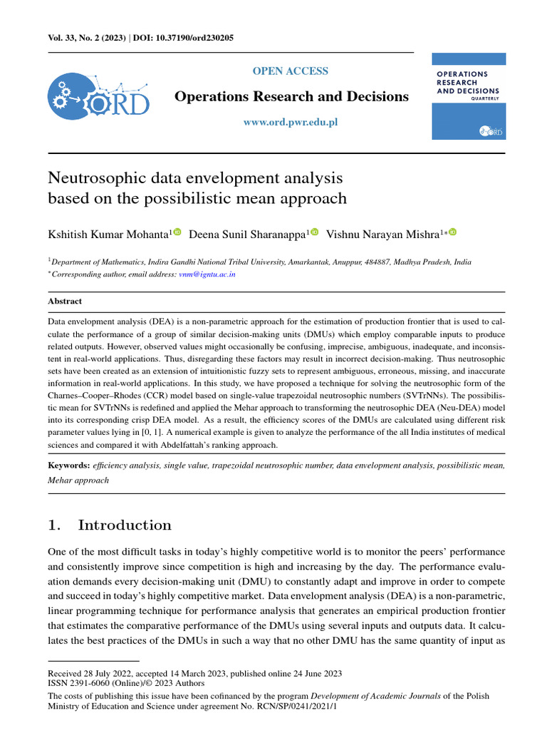 Neutrosophic Data Envelopment Analysis Based On The Possibilistic Mean Approach | PDF | Science ...