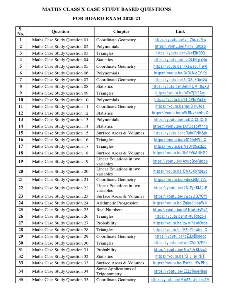 Maths Class X Case Study Based 57 Questions Youtube and PDF Links | PDF ...