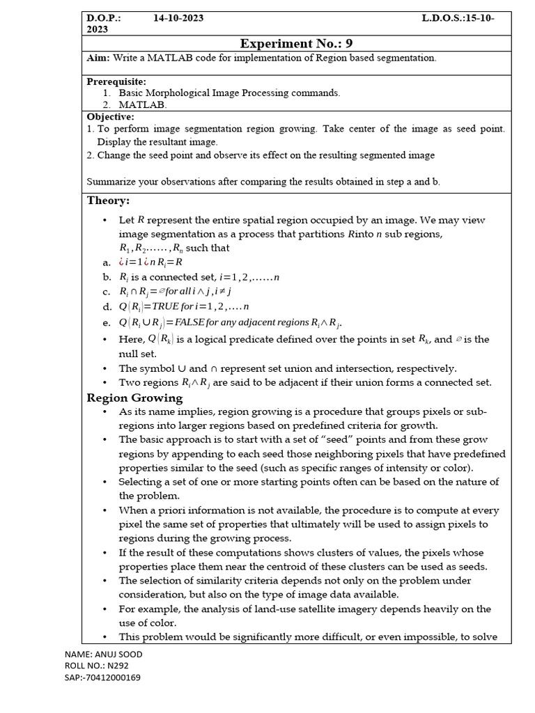 Experiment 9 IVP - REGION - N292 - GROWING | PDF