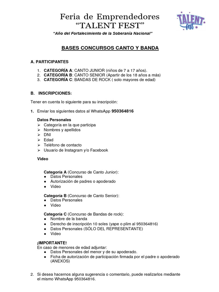 BASES DEL CONCURSO DE CANTO Y BANDAS Edición OCTUBRE | PDF