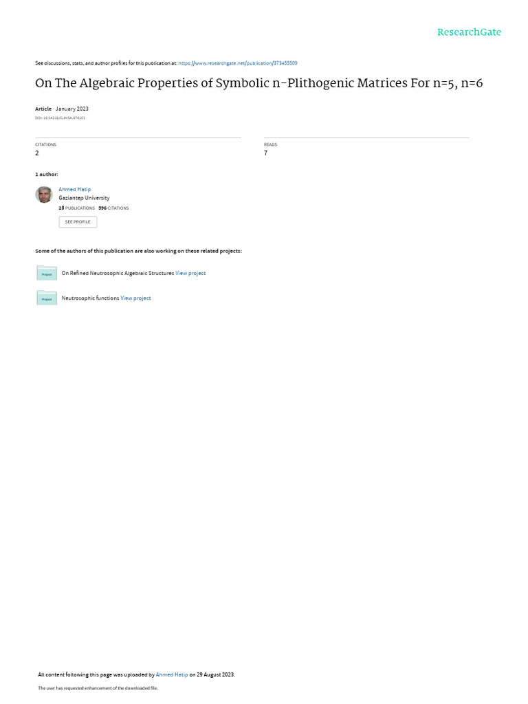 On The Algebraic Properties of Symbolic N-Plithogenic Matrices For N 5, N 6 | PDF | Science ...