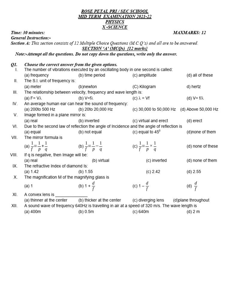Phy X Mid Term 2021 | PDF
