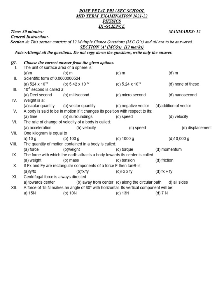 Phy Ix Mid Term 2021 | PDF | Force | Acceleration
