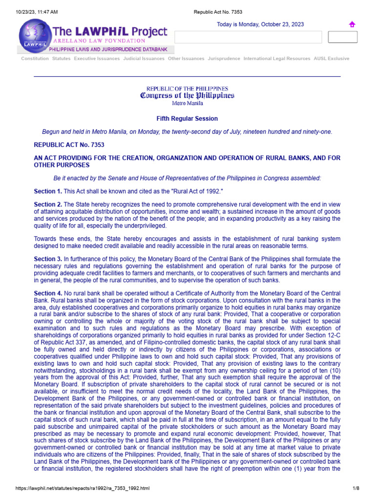 Republic Act No. 7353 | PDF | Stocks | Banks