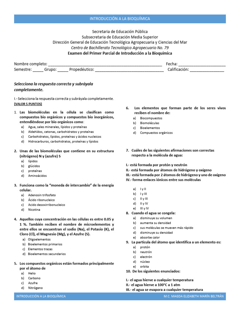 Examen P1 Bioquimica 2022 | PDF | Agua | Biomoléculas