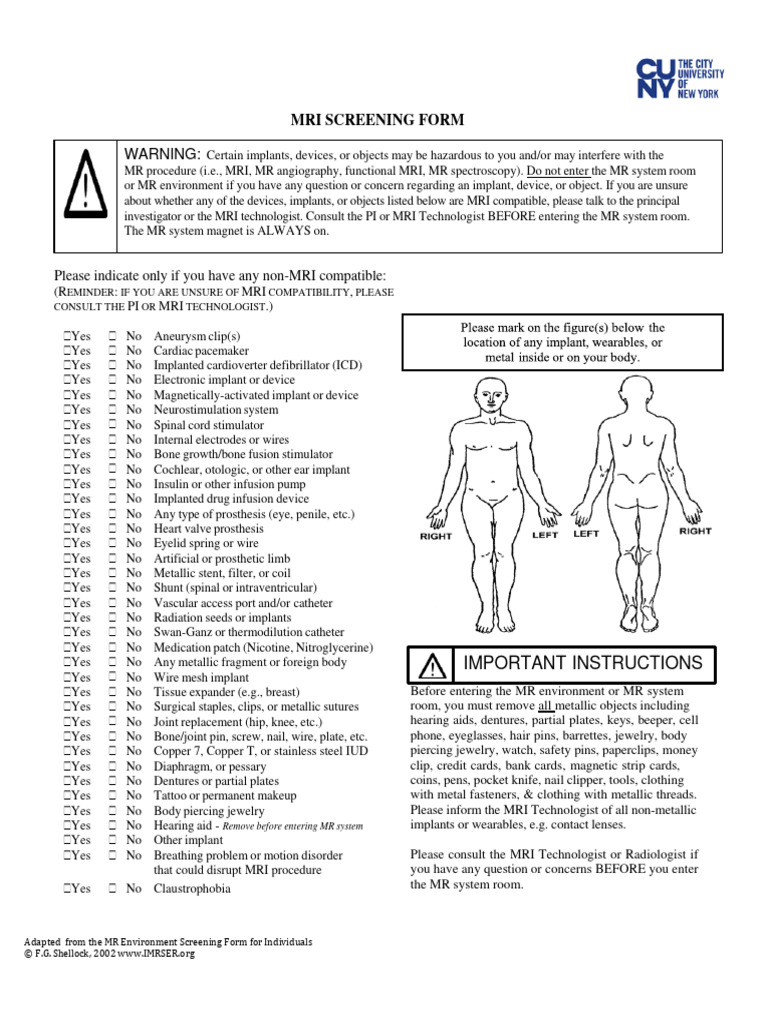 MRI Screening Form 2019.06.06 - CLEAN | PDF | Implant (Medicine ...