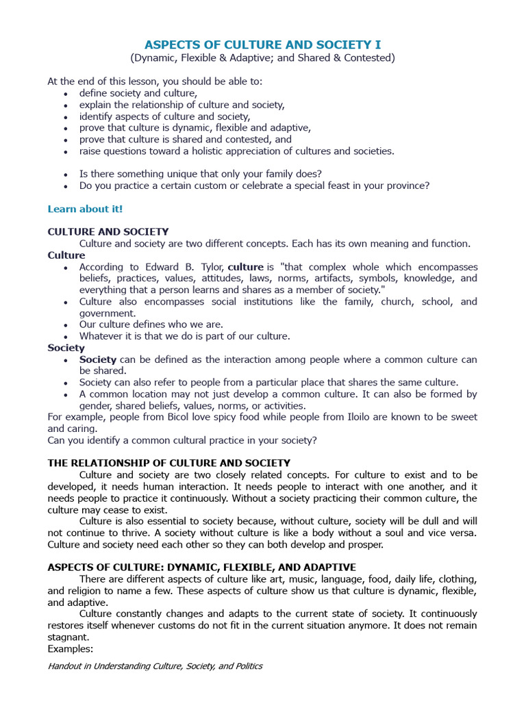 UCSP - Aspects of Culture and Society I | PDF | Society | Traditions