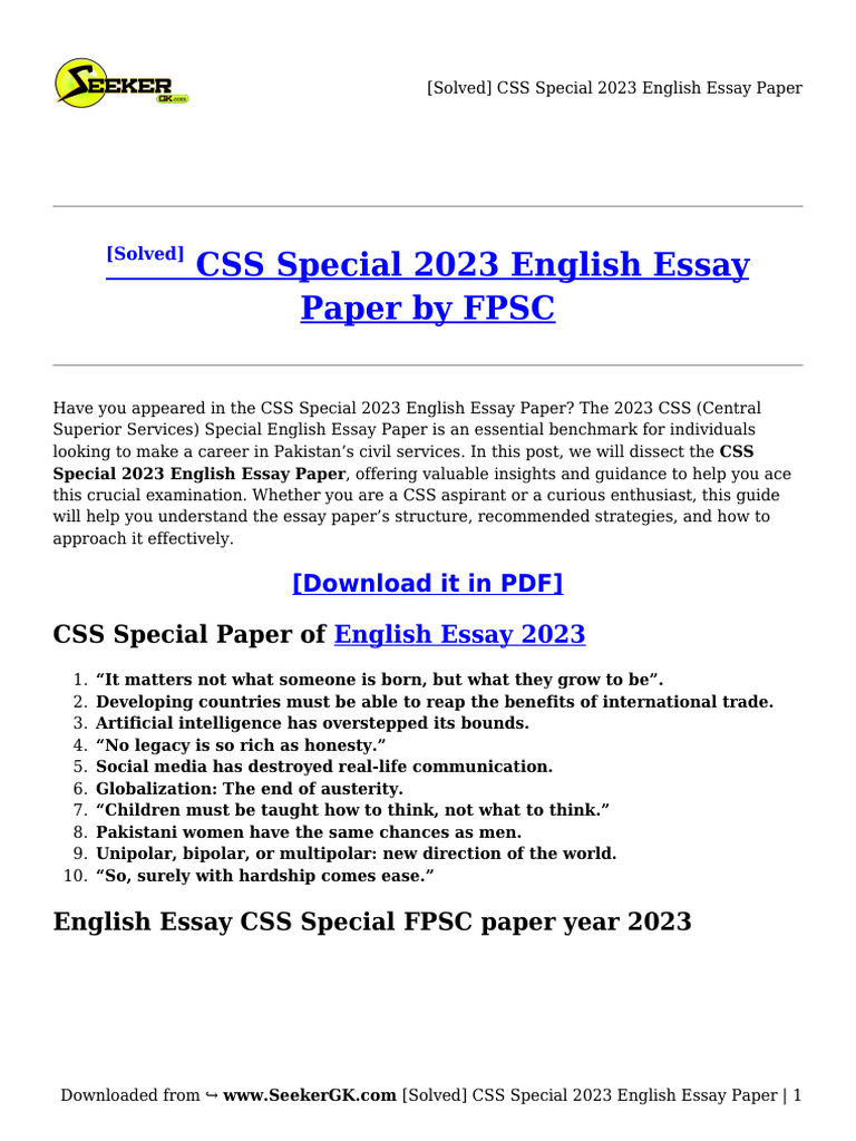 CSS Special 2023 English Essay Paper by SeekerGK | PDF