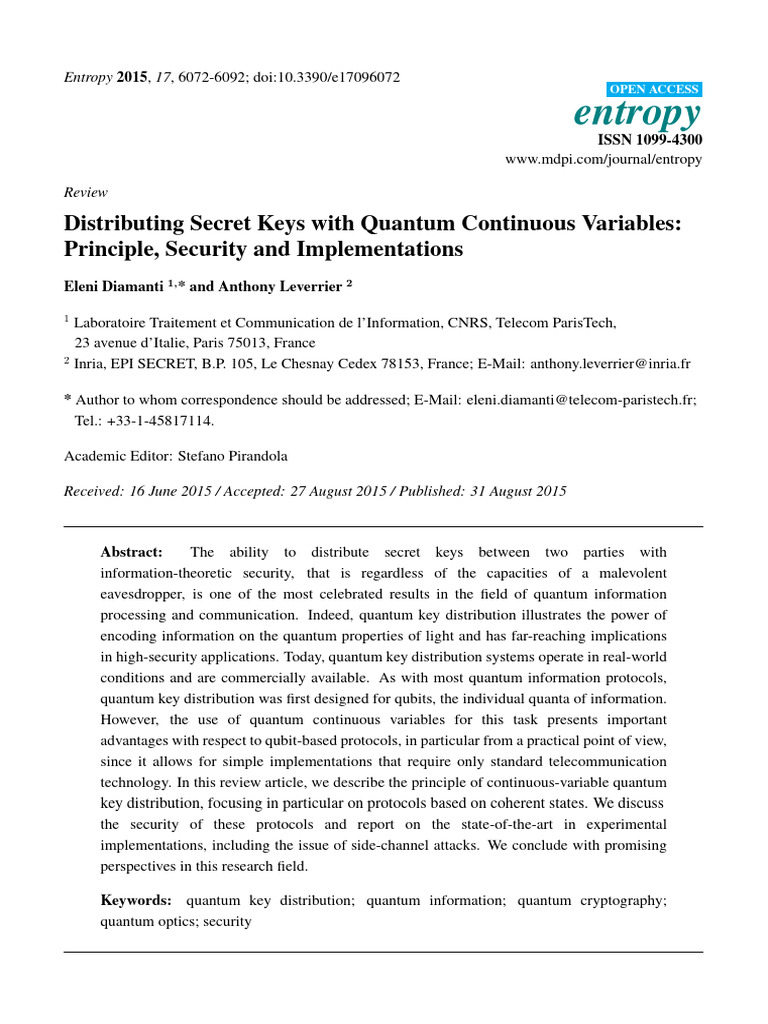 Distributing Secret Keys With Quantum Continuous Variables Principle Security And 4681