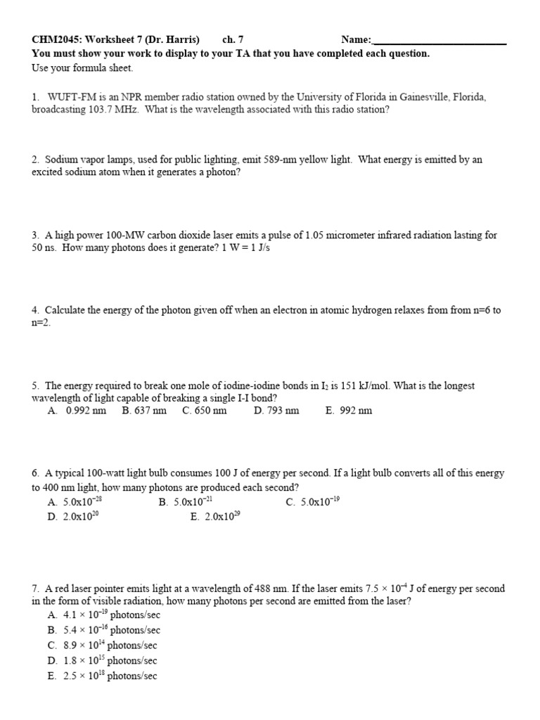 Chemistry Worksheet: Quantum & Photons | PDF | Technology & Engineering