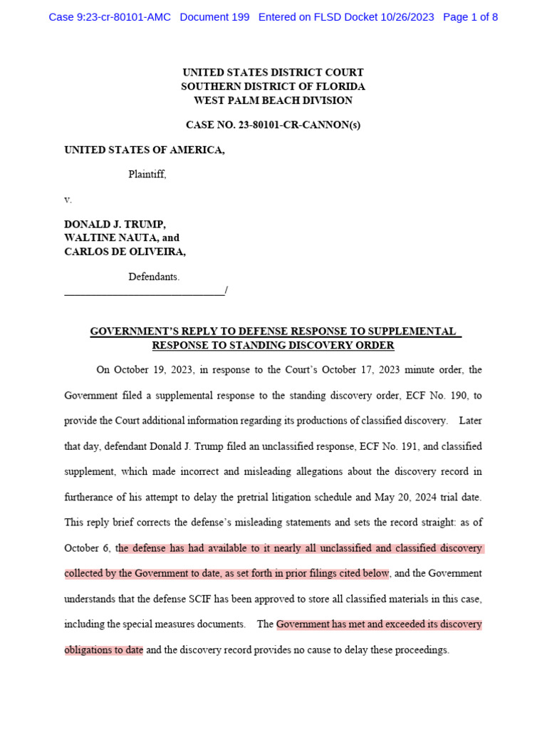 Govt Oct 27t 2023 Response To Defendant Trump MAL Case | PDF ...