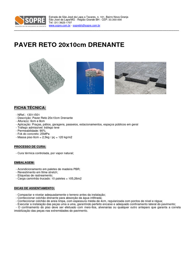 Ficha Tecnica - Paver 20x10cm Drenante | PDF
